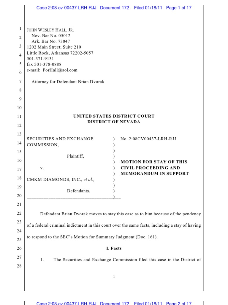 Dvorak Motion To Stay Jan 19 | PDF | Lawsuit | Discovery (Law)