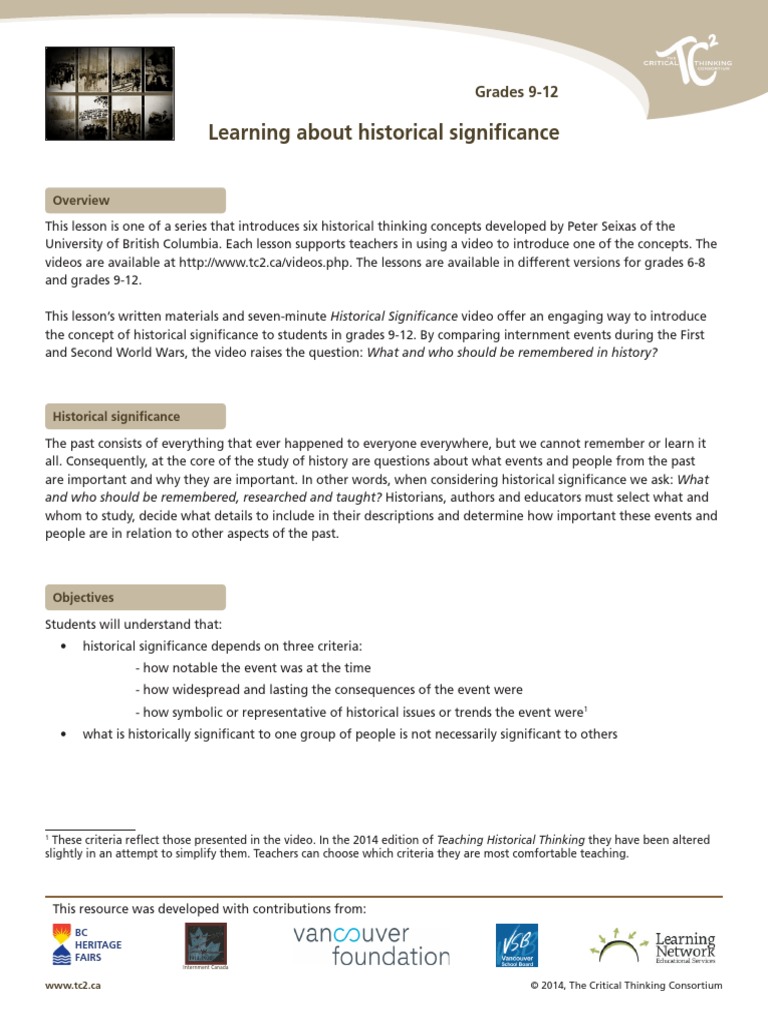 Learning About Historical Significance: Grades 9-12 | PDF | Teachers ...