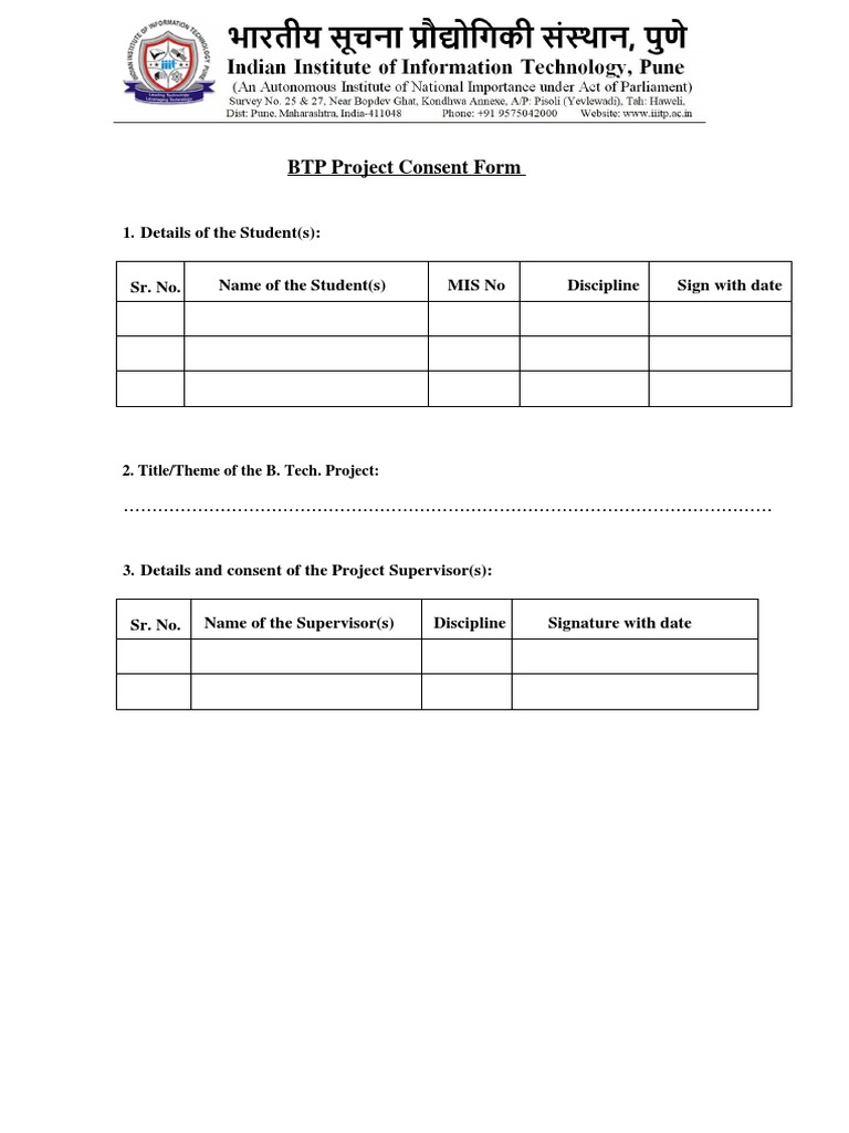 BTP Project Consent Form: Details of The Student(s) | PDF