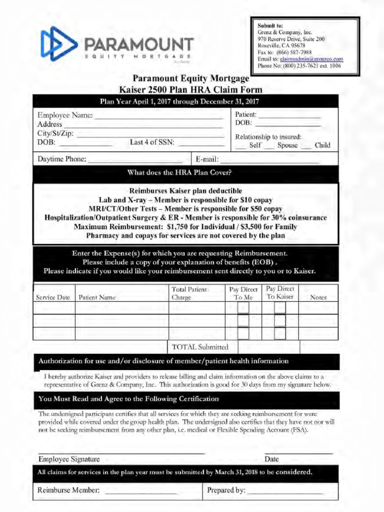 Paramount: Paramount Equity Mortgage Kaiser 2500 Plan HRA Claim Form ...