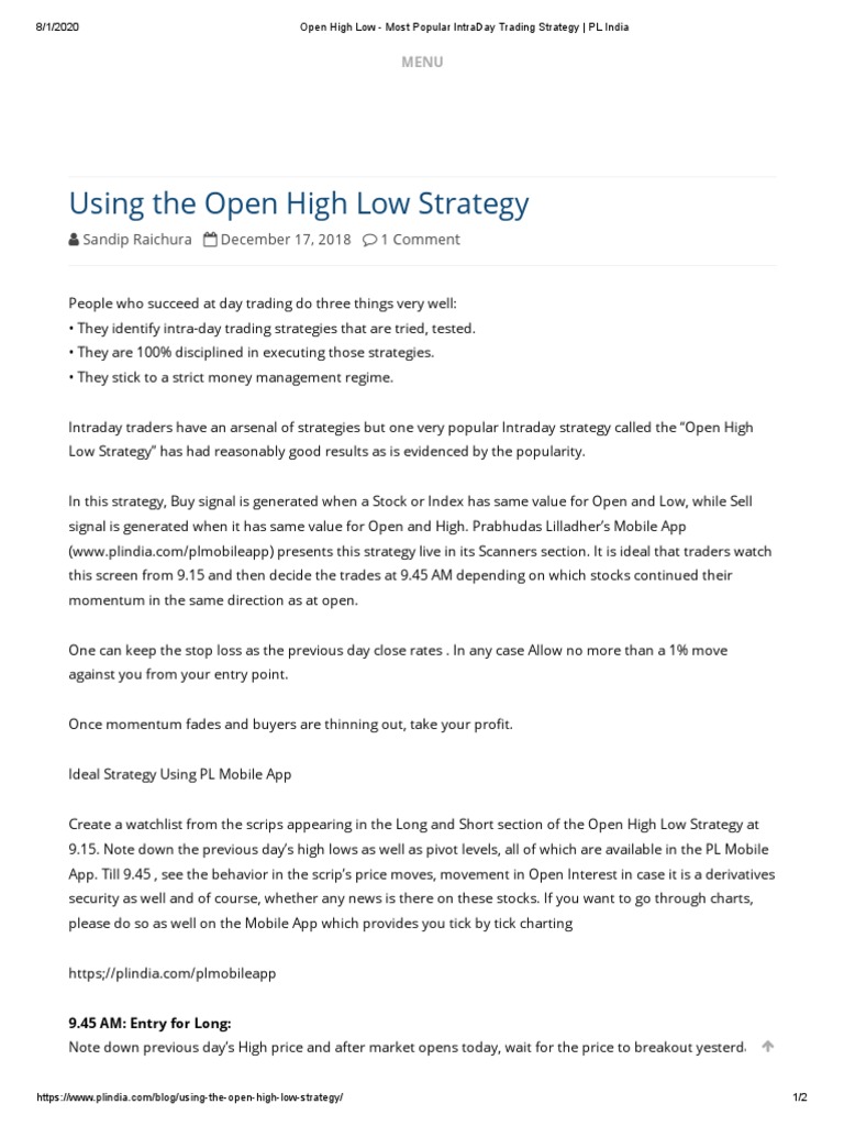 Open High Low - Most Popular IntraDay Trading Strategy - PL India PDF ...