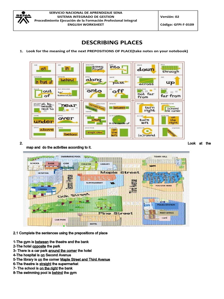 Describing Places: 1. Look For The Meaning of The Next PREPOSITIONS OF ...