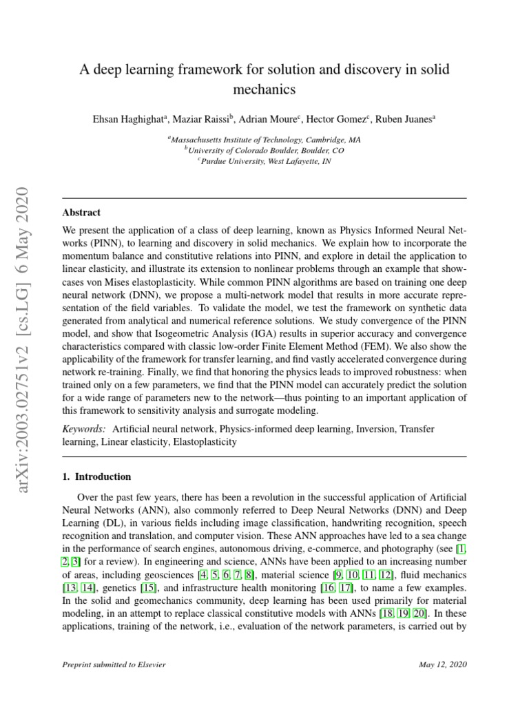 A Deep Learning Framework For Solution and Discovery in Solid Mechanics ...