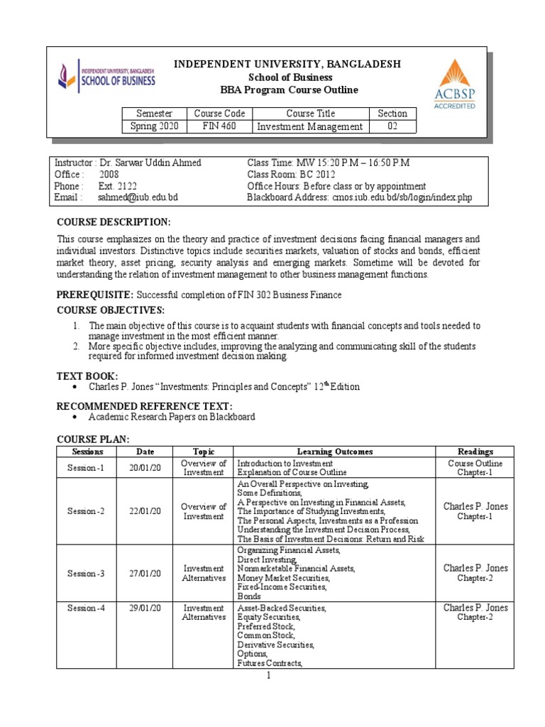 FIN 460 Investment Management Course Outline | PDF | Capital Asset ...