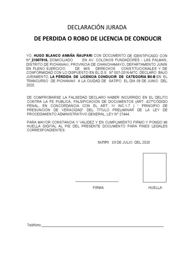 Declaración Jurada de Perdida o Robo de Licencia de Conducir2 | PDF