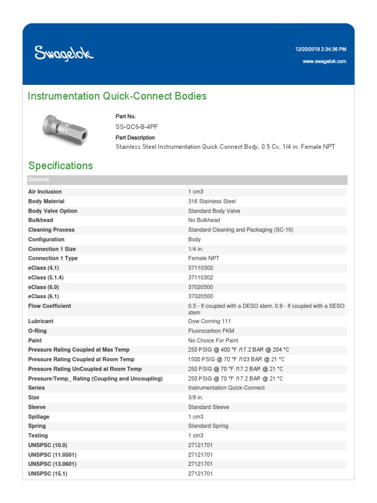 Instrumentation Quick-Connect Bodies: SS-QC6-B-4PF | PDF | Valve | Pipe (Fluid Conveyance)