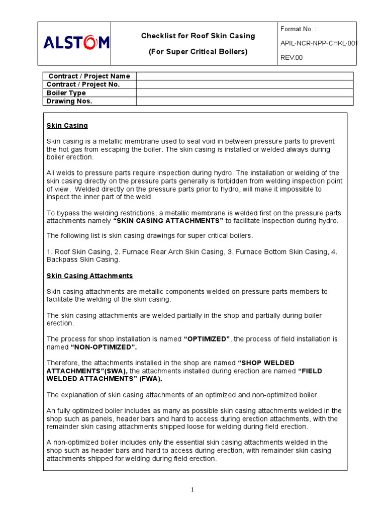 Checklist For Roof Skin Casing | PDF | Boiler | Welding