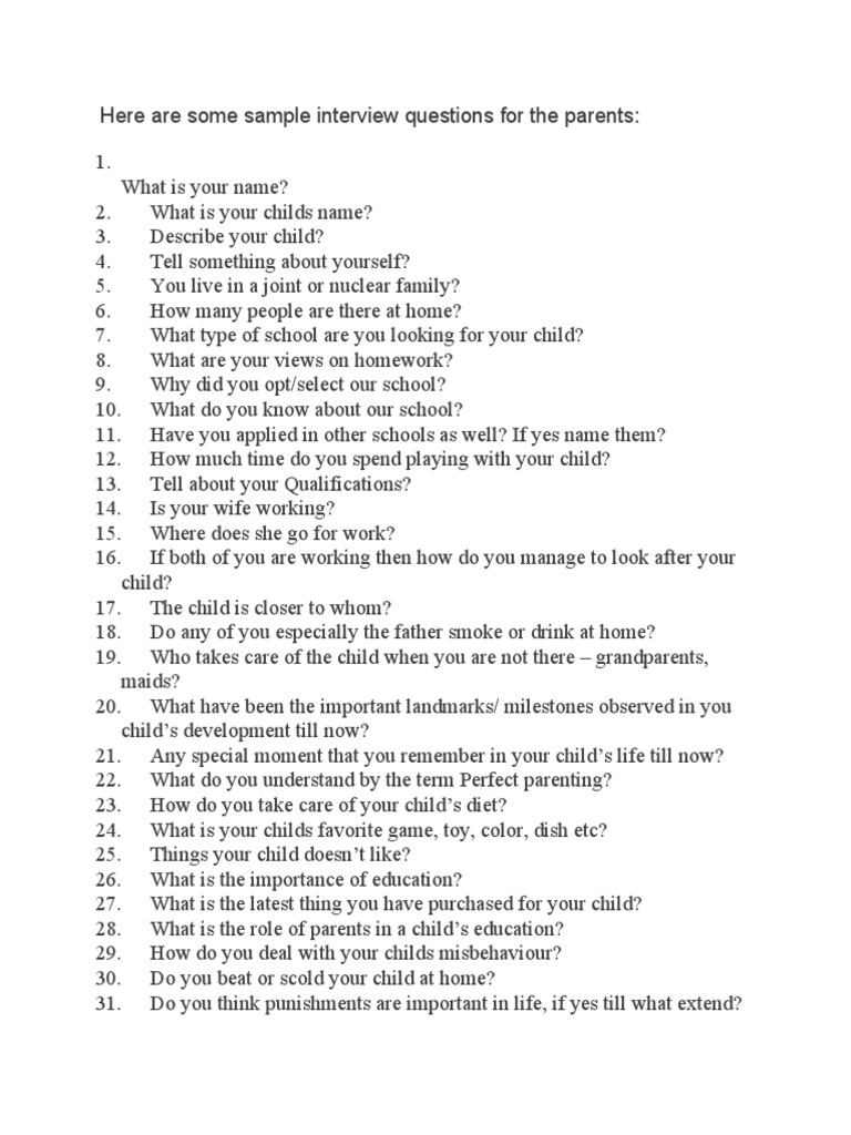 Here Are Some Sample Interview Questions For The Parents | PDF ...