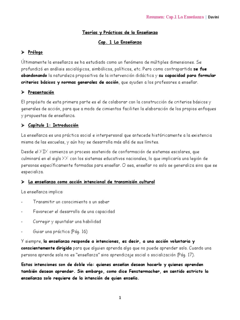 Resumen Davini Cap 1 Enseñanza | PDF | Moralidad | Aprendizaje