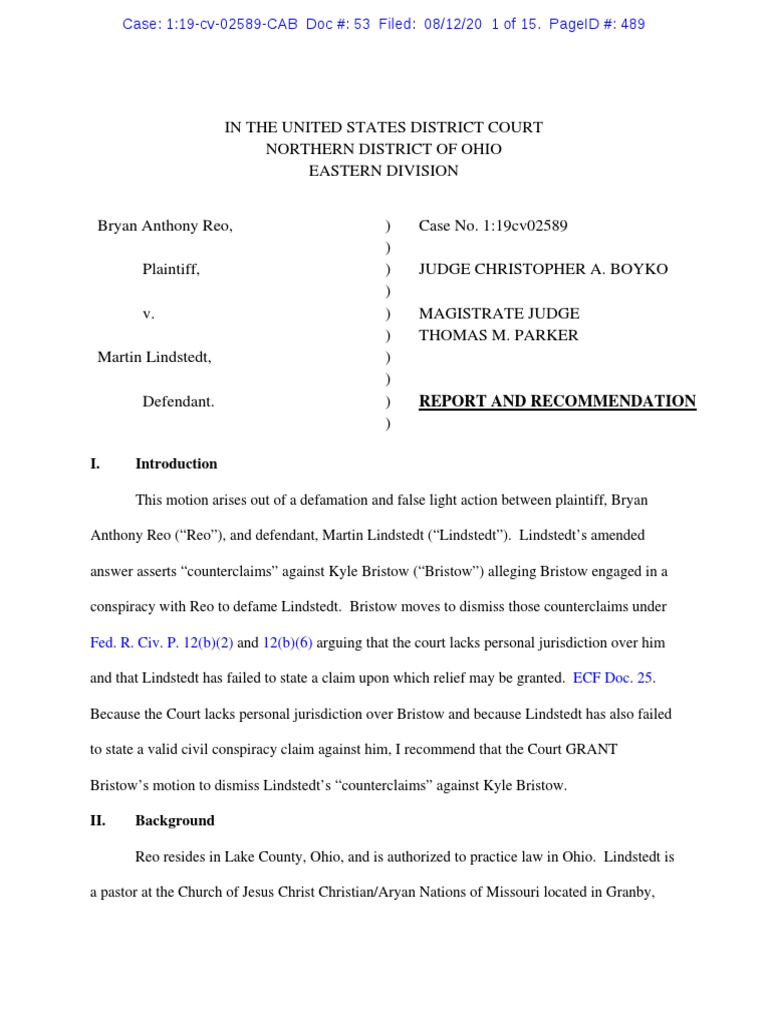Bryan Anthony Reo v. Martin Lindstedt, Case No. 1:19-cv-02589-CAB (N.D ...