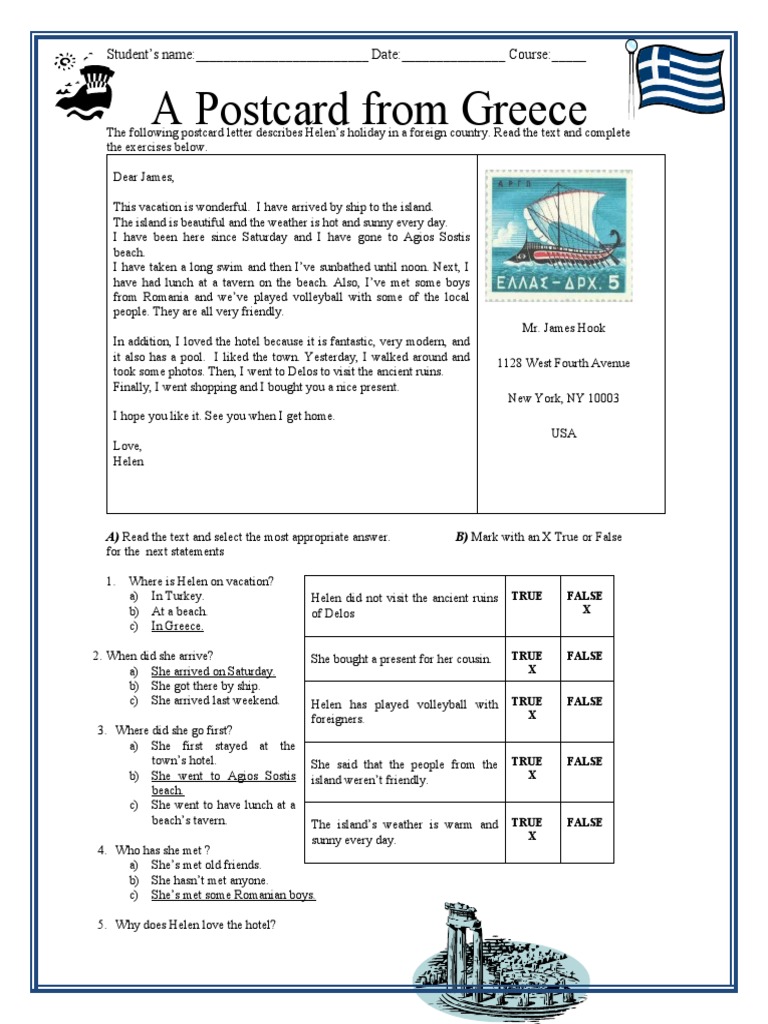 A Postcard Letter From Greece Reading Comprehension Exercises - 53724 | PDF