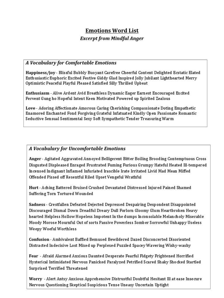Emotions Word List: Excerpt From Mindful Anger | PDF