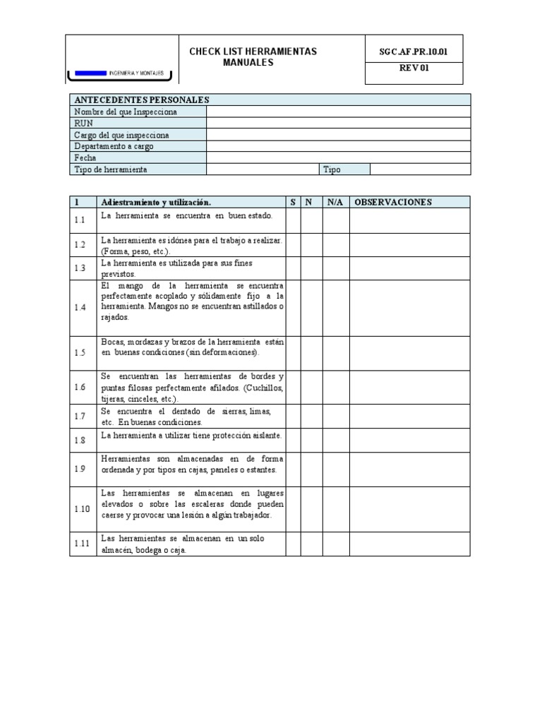 Check List de Herramientas Manuales | PDF