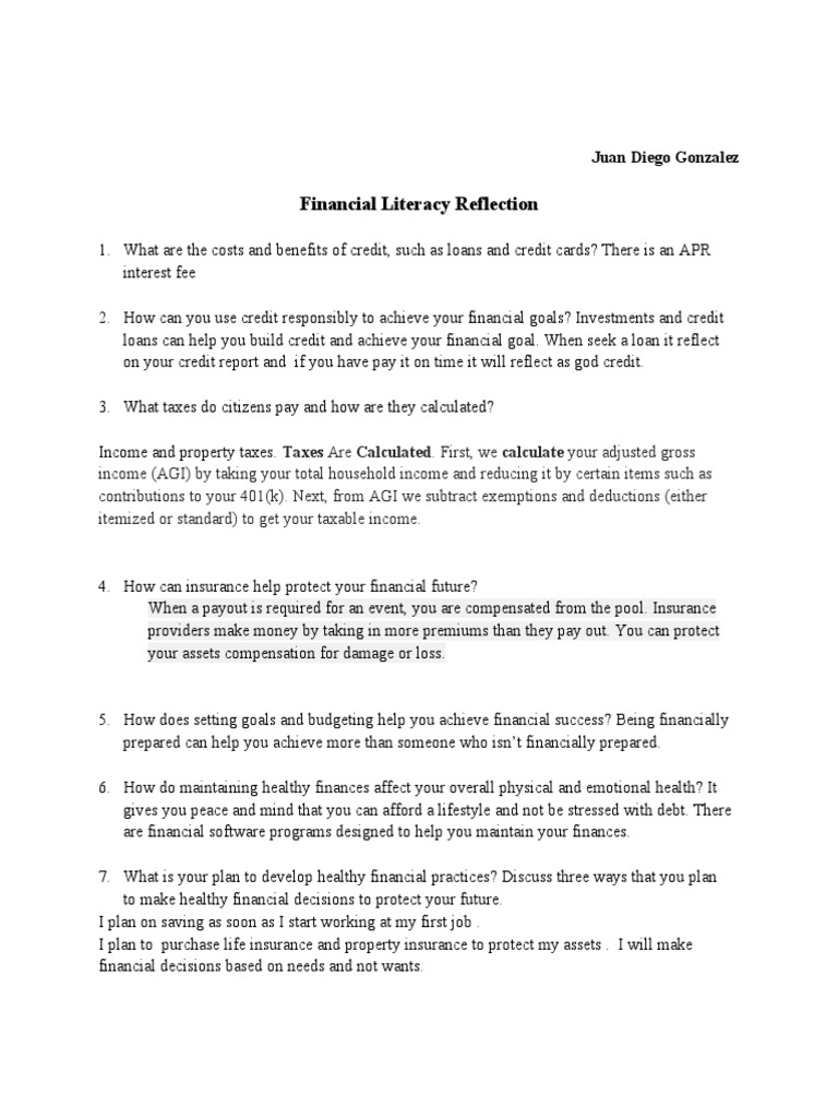 Financial Literacy Reflection: Juan Diego Gonzalez | PDF