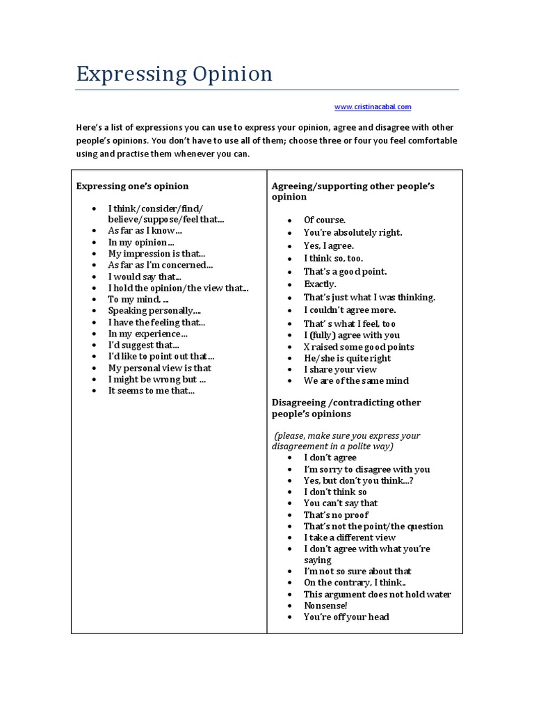 Expressing Opinion: Expressing One's Opinion Agreeing/supporting Other ...