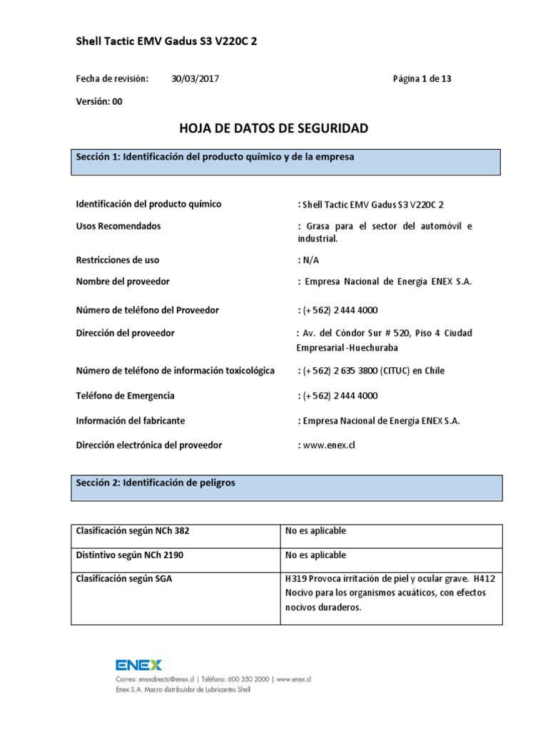 Hoja de Seguridad: Grasa Shell Gadus | PDF | Primeros auxilios | Guante