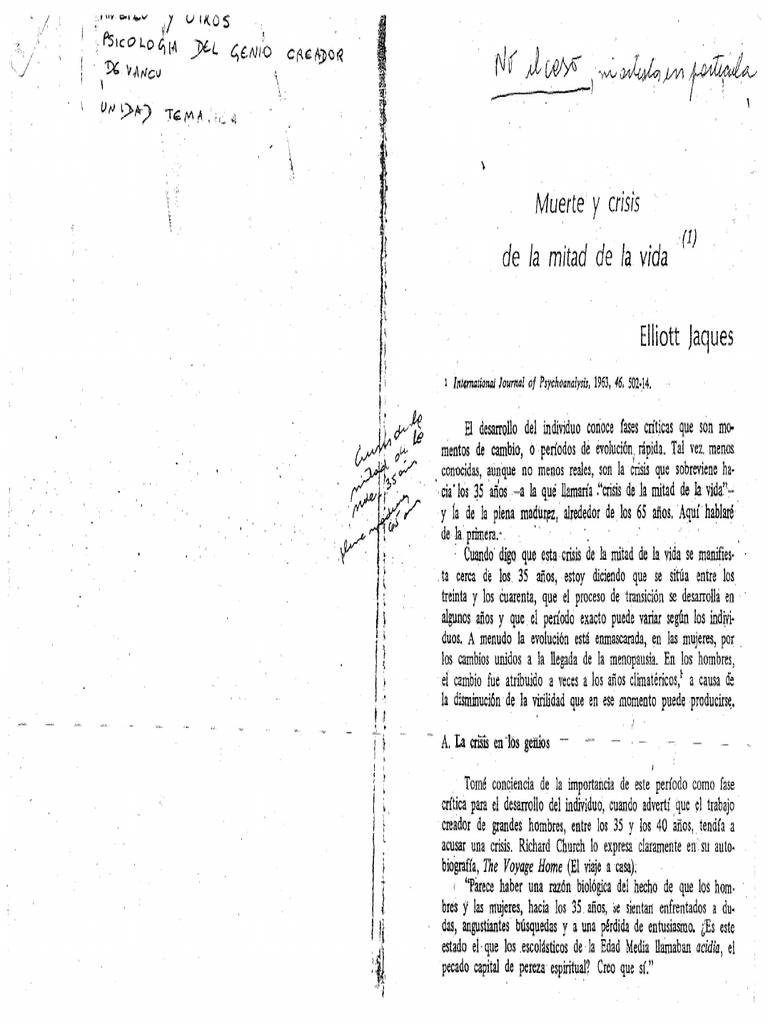 Muerte y Crisis de La Mitad de La Vida, ELLIOTT JAQUES PDF | PDF