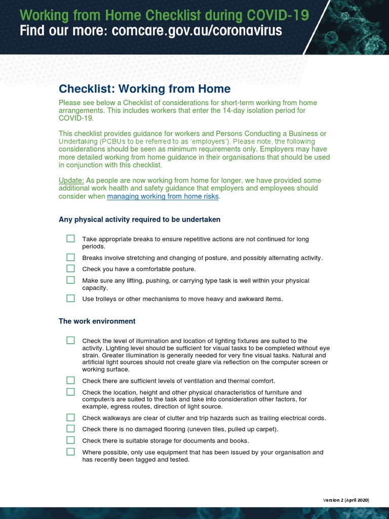 Home Working Safety Checklist | PDF | Telecommuting | Lighting