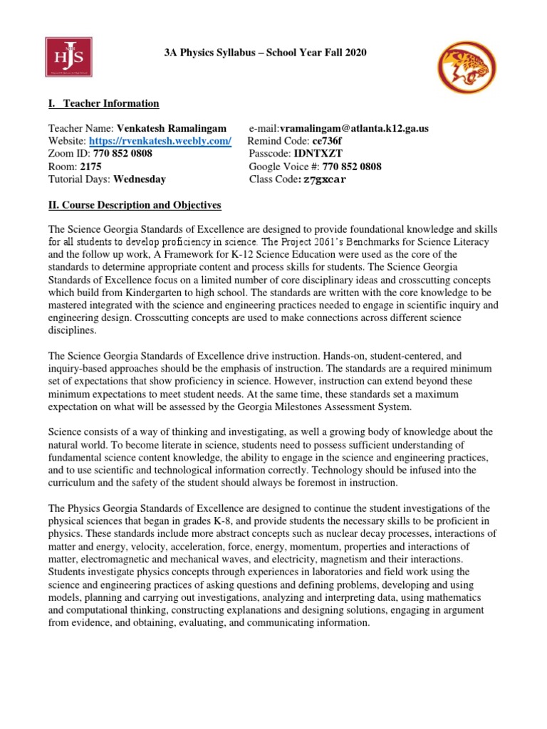 3a Physics Syllabus VR Fall2020 | PDF | Force | Waves