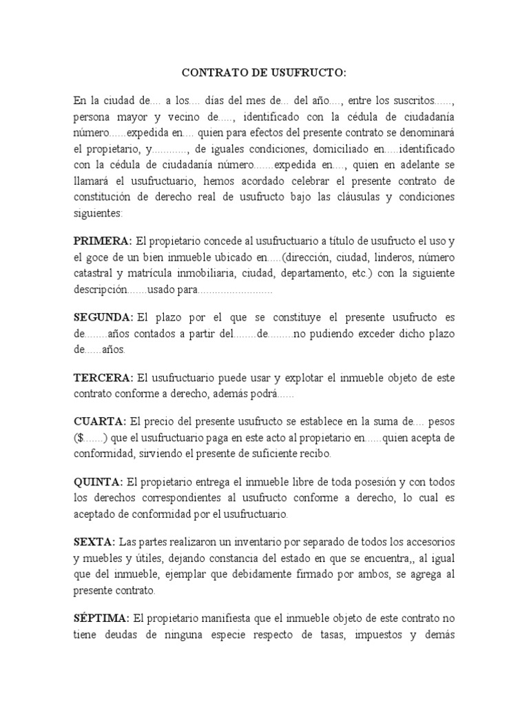 Contrato de Usufructo Modelo. | PDF | Ley de Propiedad | Propiedad