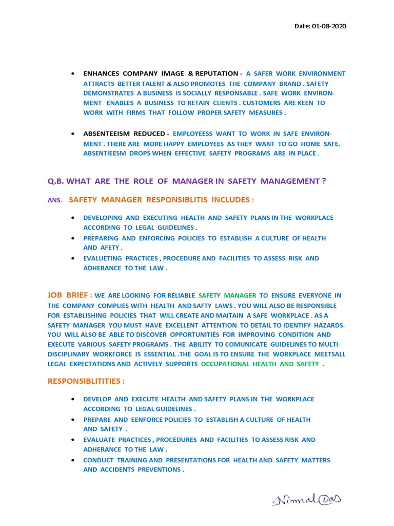 Q.B. What Are The Role of Manager in Safety Management ? | PDF ...