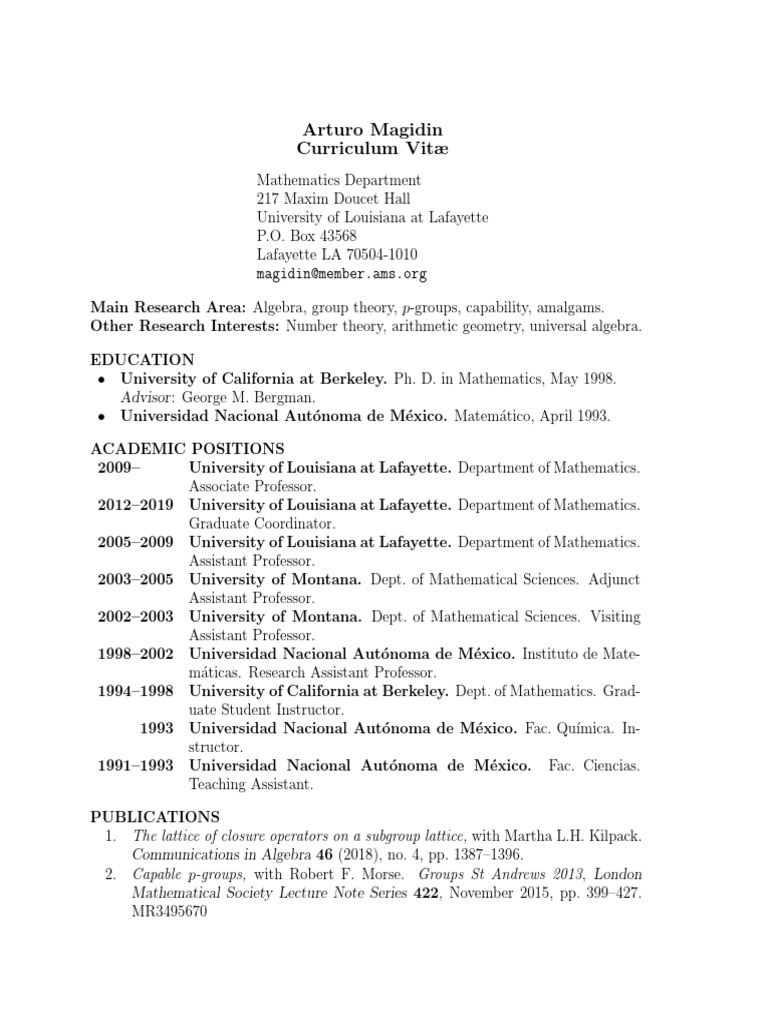 Arturo Magidin Curriculum Vitæ | PDF | Group Theory | Teaching Mathematics