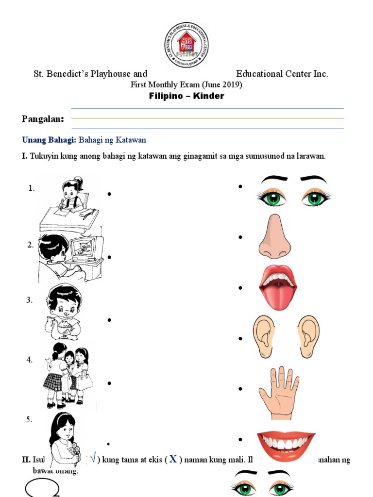 Kinder Filipino First Exam | PDF