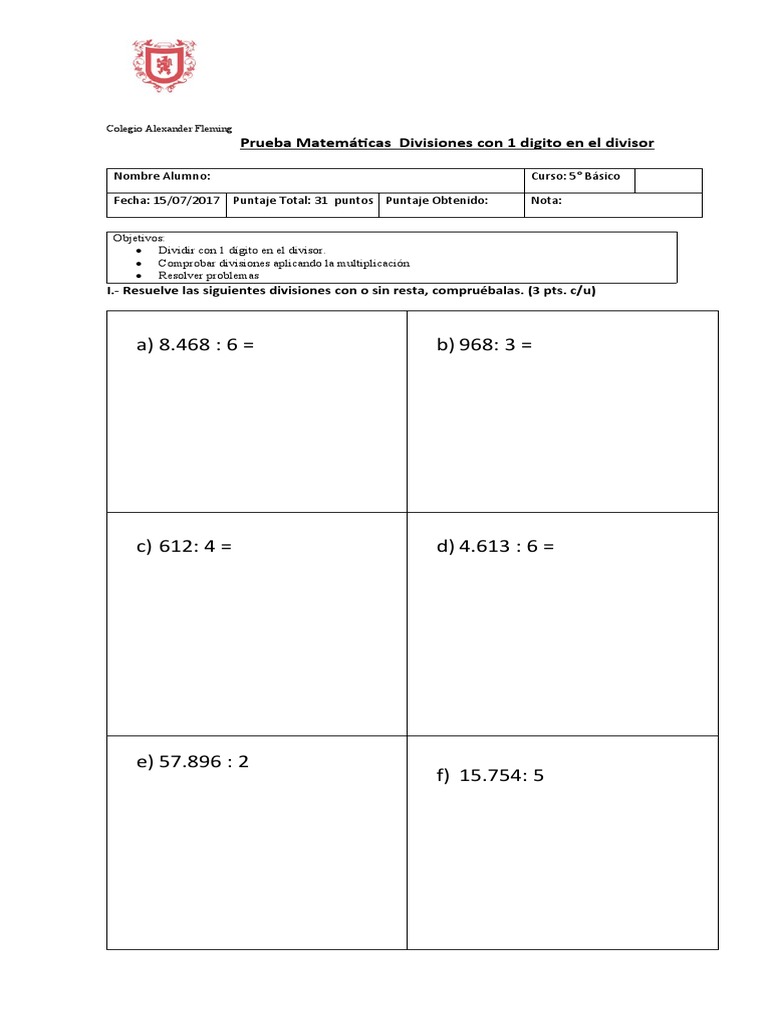 Prueba Divisiones 5° Básico | PDF | Métodos y materiales de enseñanza
