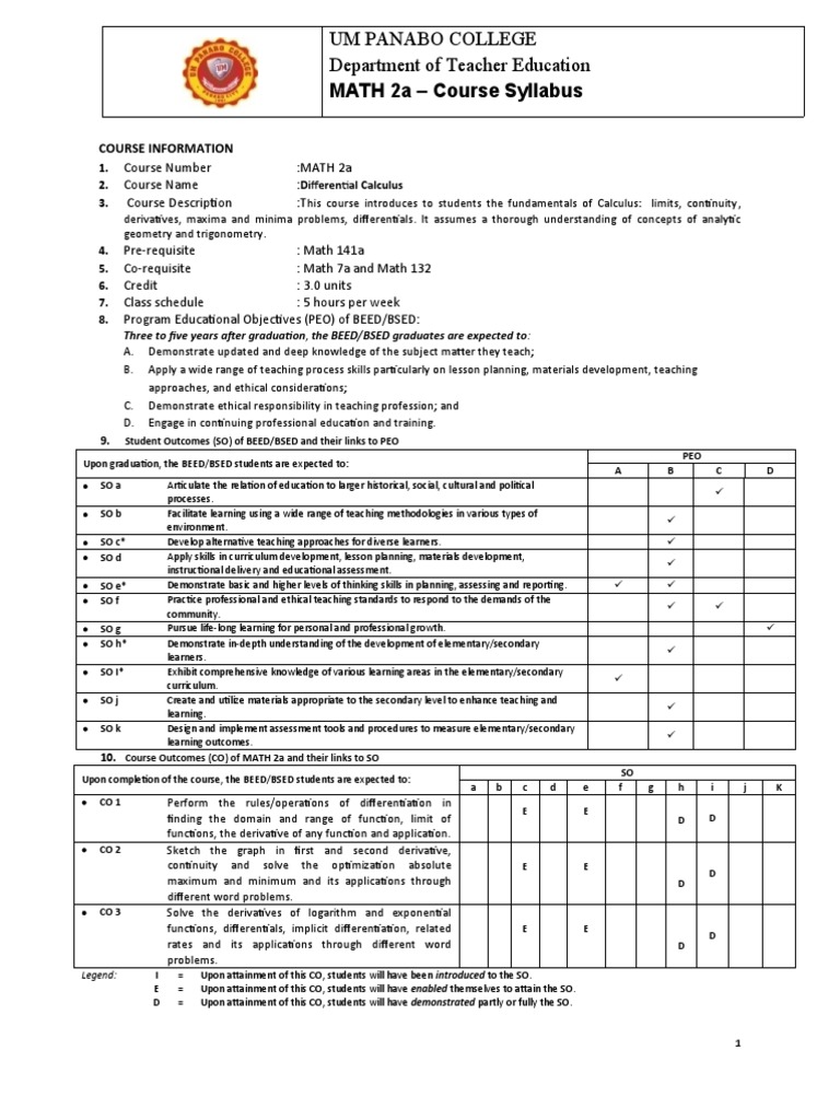 MATH 2a - Course Syllabus: Um Panabo College Department of Teacher ...