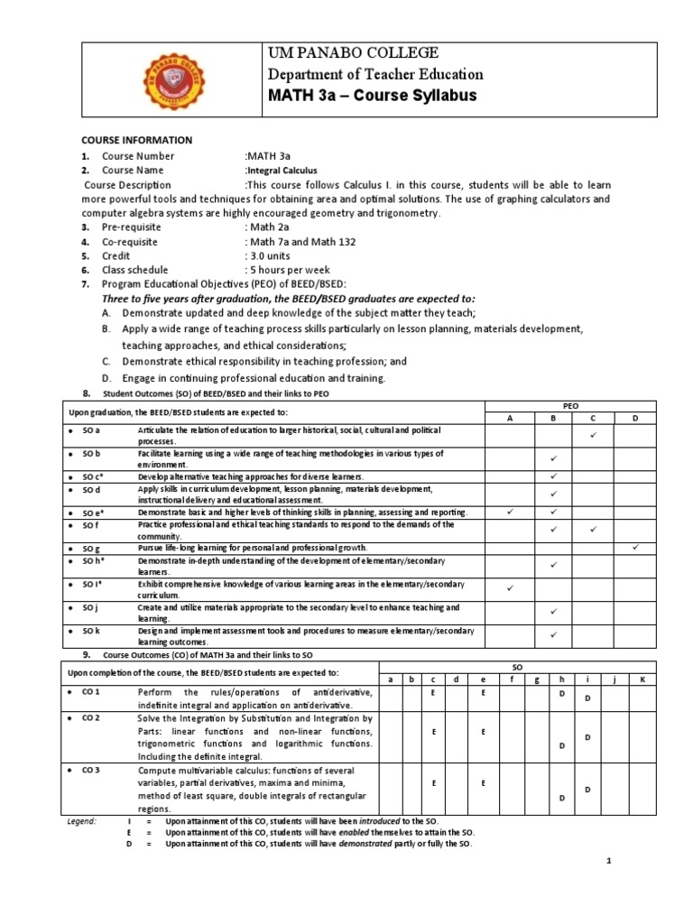 MATH 3a - Course Syllabus: Um Panabo College Department of Teacher ...