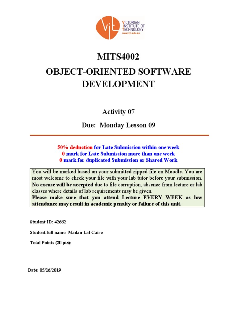 MITS4002 Object-Oriented Software Development: Activity 07 Due: Monday Lesson 09 | PDF | Integer ...
