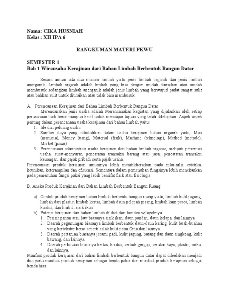 Rangkuman Materi Pkwu Kelas 11 | PDF