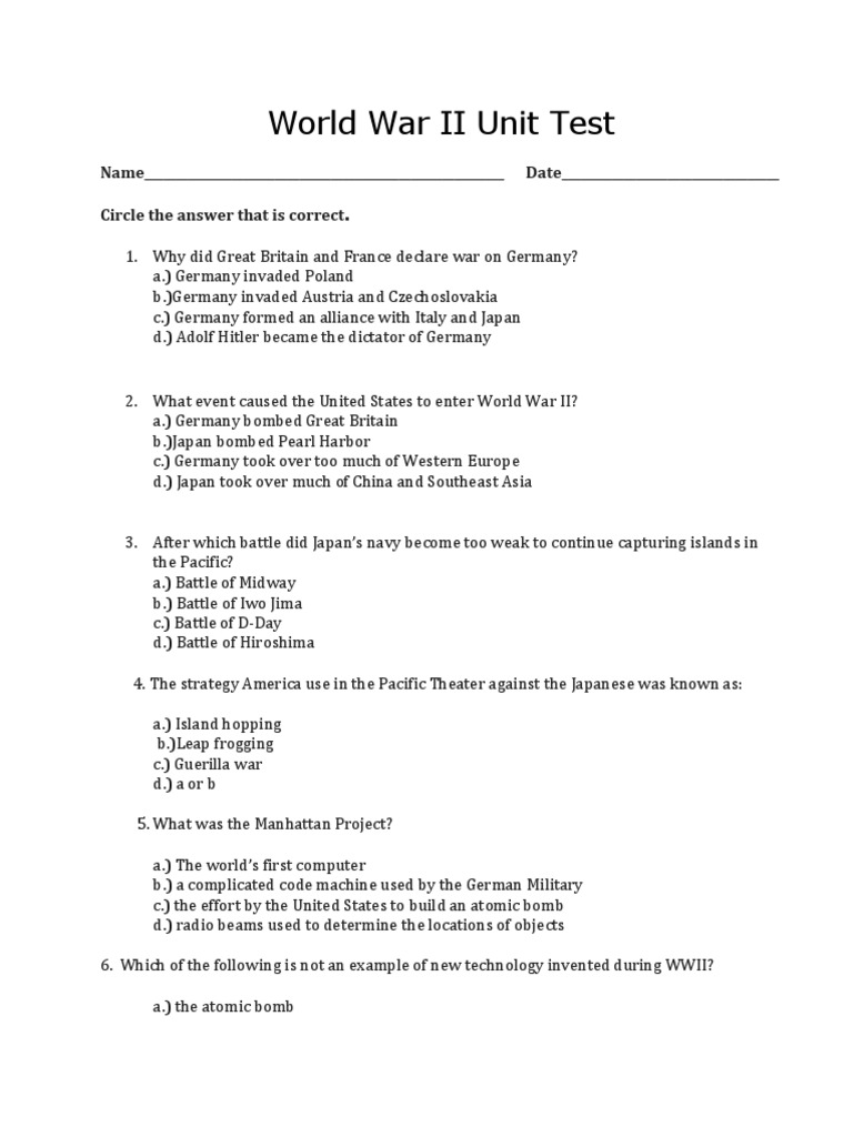 World War II Unit Test | PDF | World War II | Global Politics