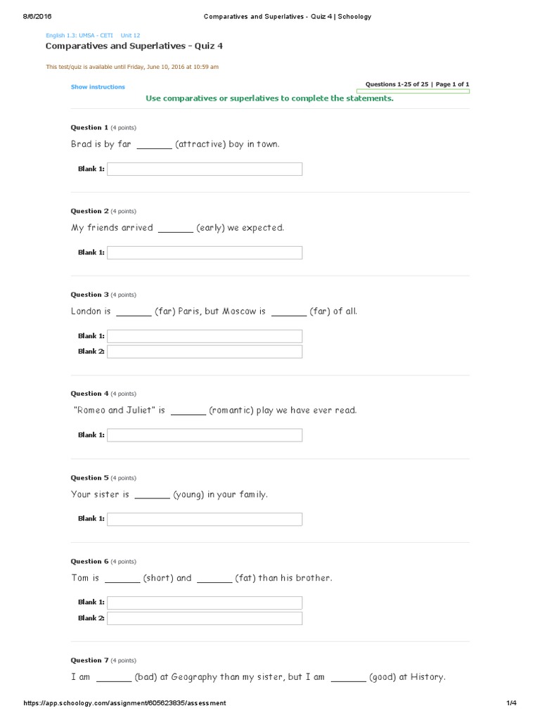 Comparatives and Superlatives - Quiz 4 - Schoology PDF | PDF