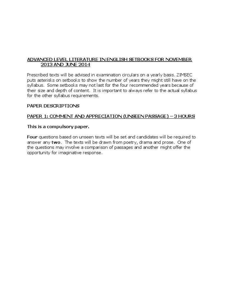 ZIMSEC A Level Literature Setbooks 2025 | PDF | Essays | Gce Advanced ...