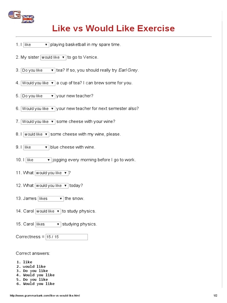 Like Vs Would Like Exercise - GrammarBank | PDF | Language Arts ...