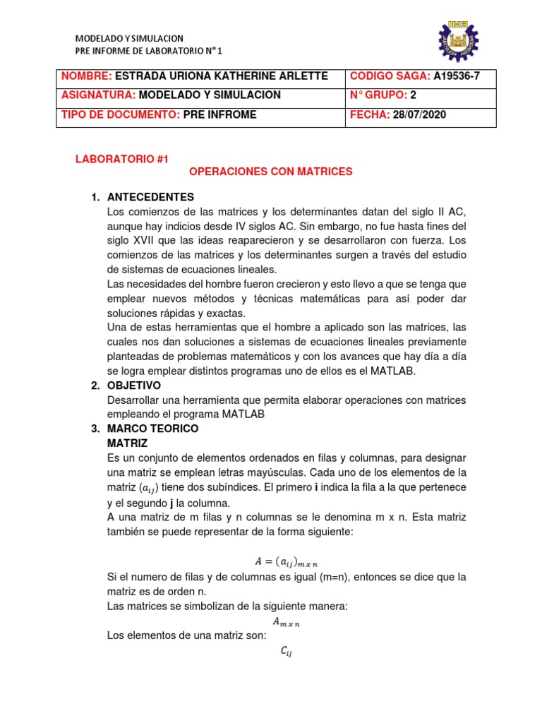 Operaciones Con Matrices en Matlab | PDF | Matriz (Matemáticas ...