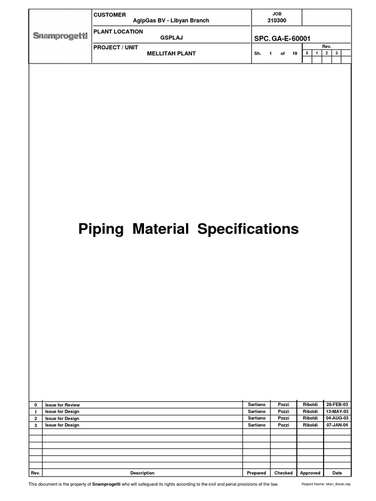 Piping Material Specifications for the Mellitah Plant | PDF | Pipe ...