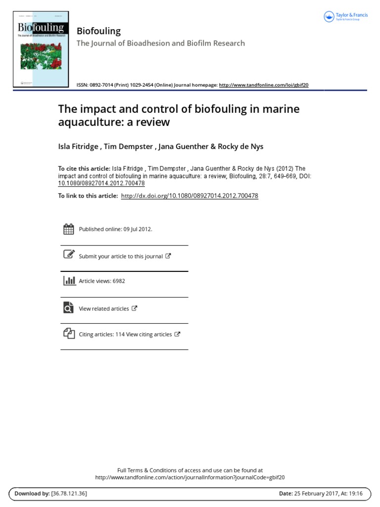 The Impact and Control of Biofouling in Marine Aquaculture A Review ...