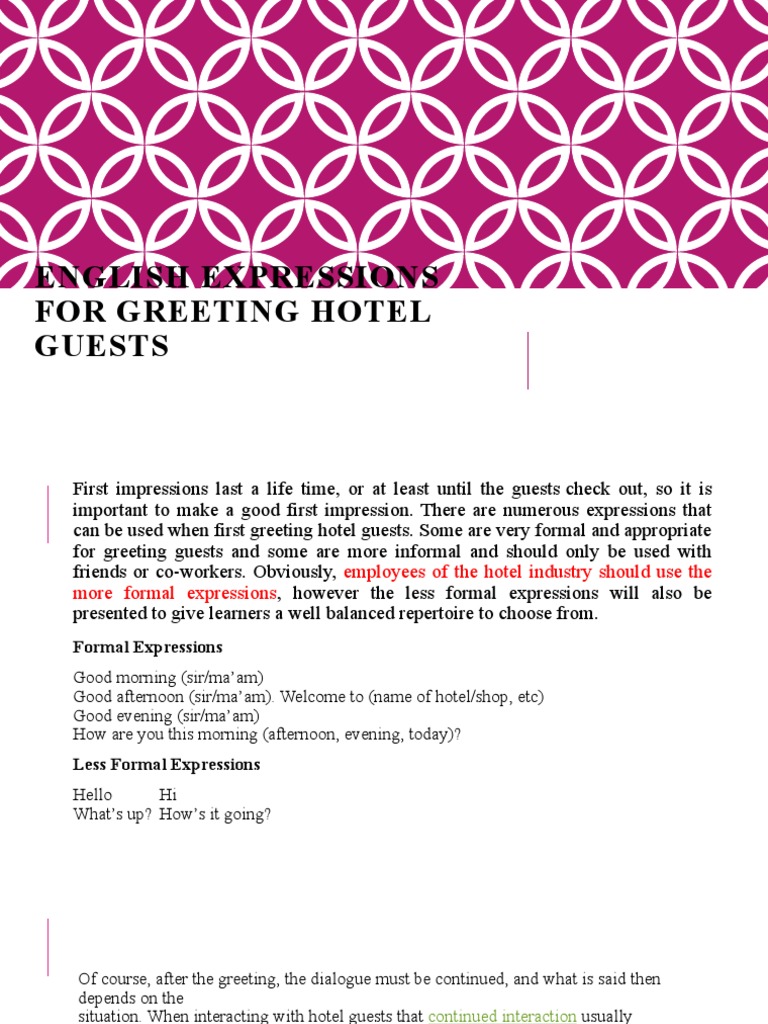 English Expressions For Greeting Hotel Guests | PDF | Workweek And Weekend