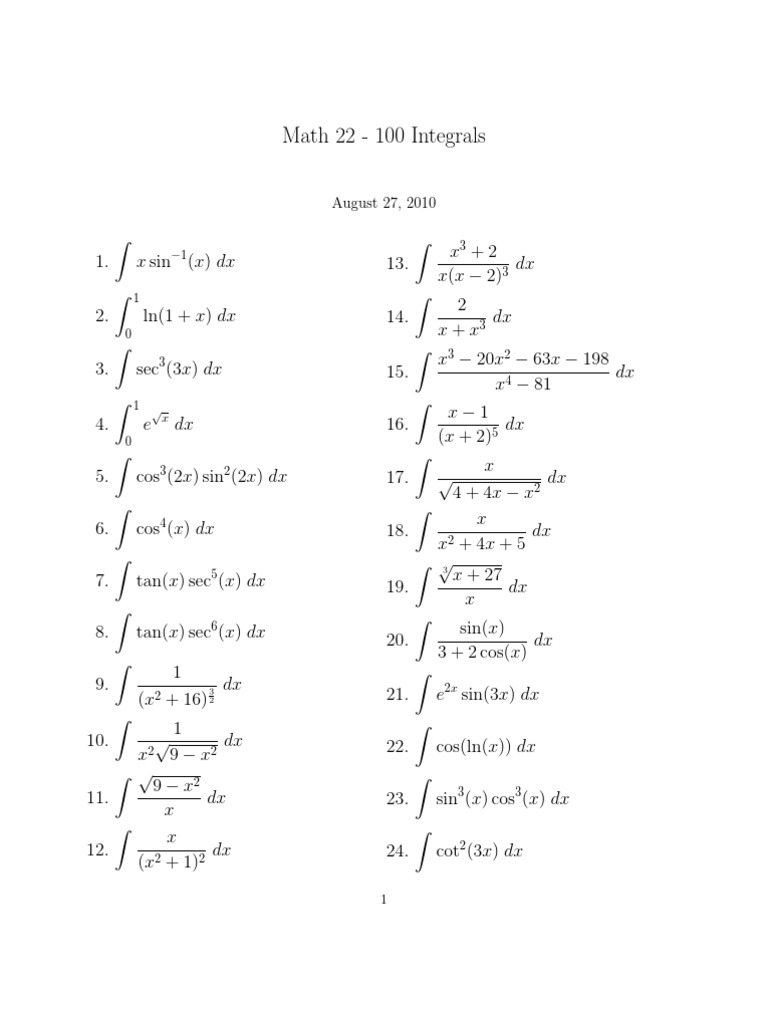 Math 22 - 100 Integrals: A Comprehensive Collection of Integral ...