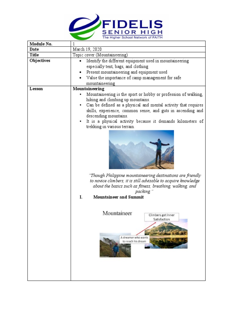 Module 1 PE 12 Mountaineering | PDF | Mountaineering | Backpack