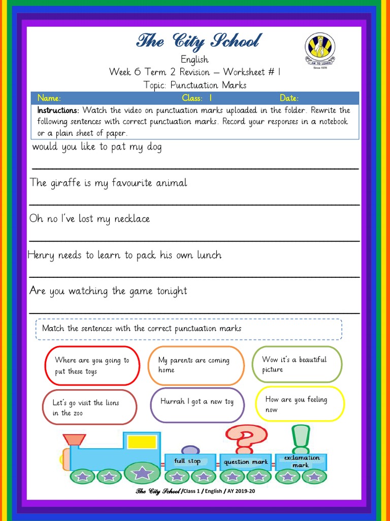 Class 1 English Punctuation Worksheet | PDF
