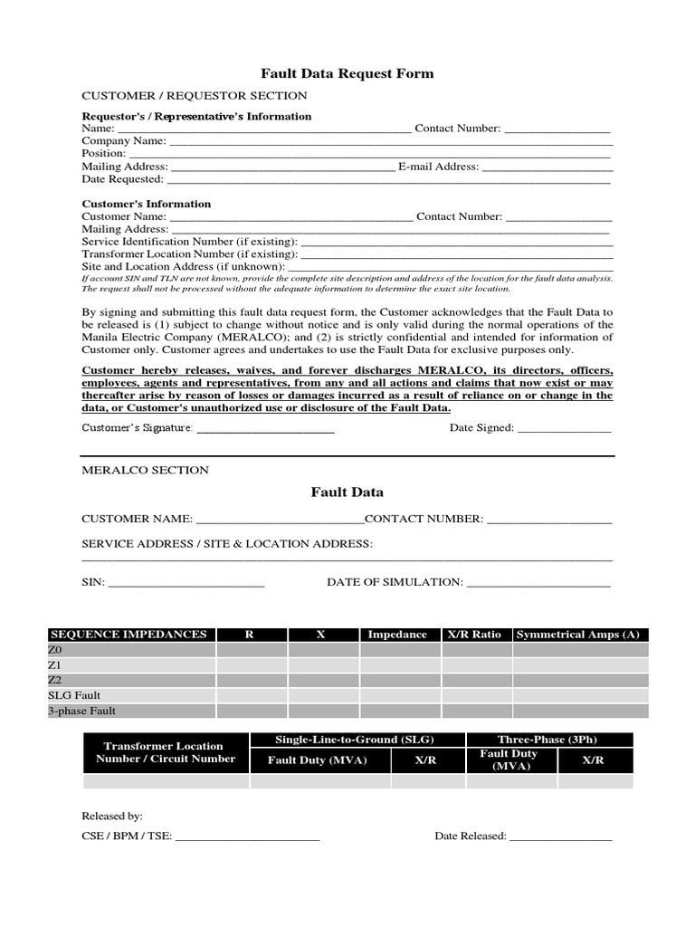 Fault Data Request Form: Customer / Requestor Section | PDF ...