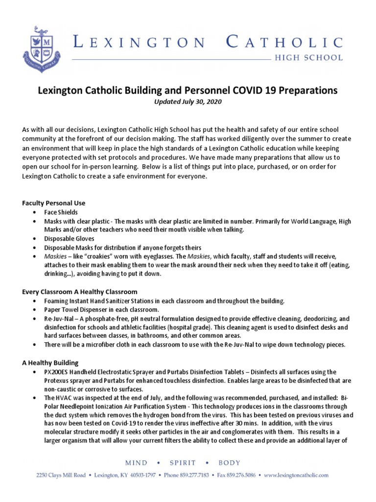 COVID-19 Safety Measures at Lexington Catholic | PDF | Disinfectant ...
