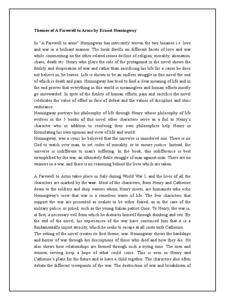 Major Themes of A Farewell To Arms | PDF | Ernest Hemingway | Love