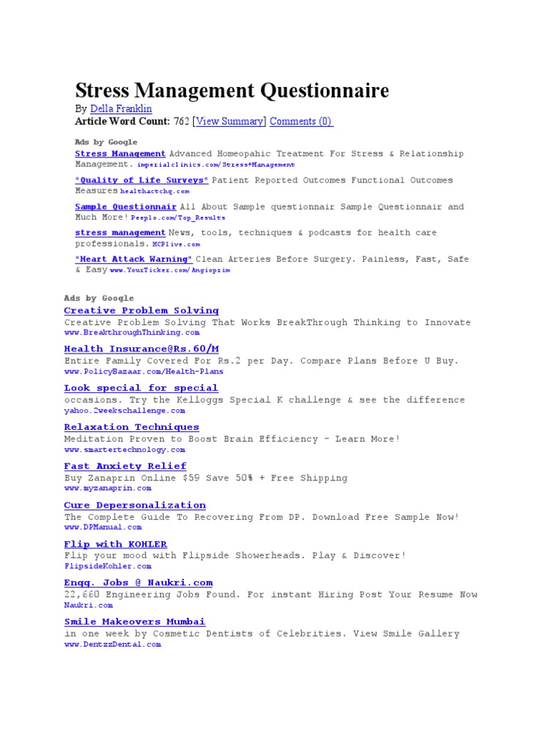 Stress Management Questionnaire: Della Franklin View Summary Comments ...