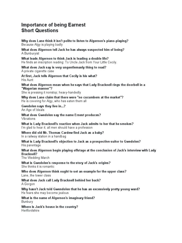 Importance of Being Earnest Short Qs | PDF | The Importance Of Being ...