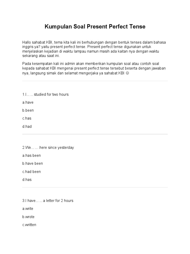 Kumpulan Soal Present Perfect Tense | PDF | Language Arts & Discipline