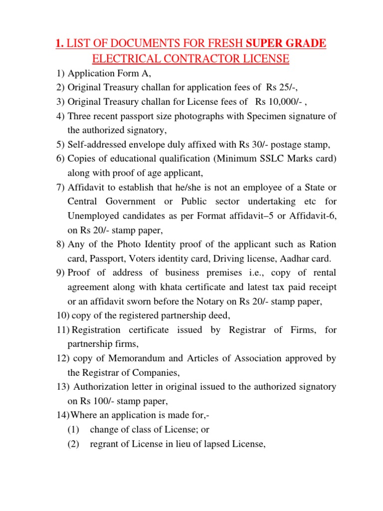 Electrical Contractor License: 1. List of Documents For Fresh Super ...